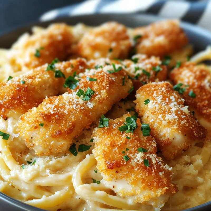 Golden Garlic Chicken Bites over Creamy Parmesan Pasta - wigav.com